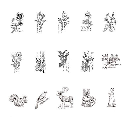 15pcs Wooden Rubber Stamps Animals and Plants Patterns Stamps Set for DIY Craft Card Scrapbooking Supplies