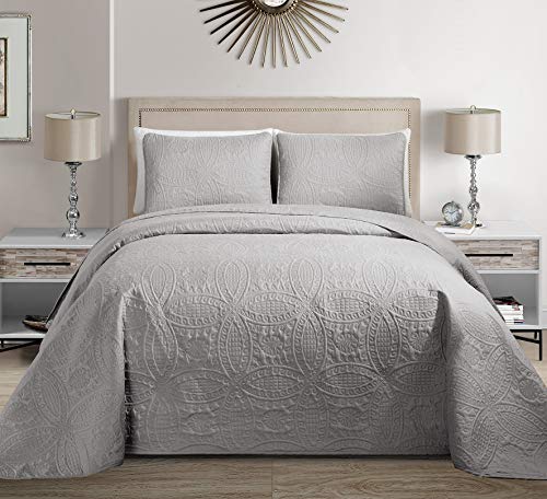 Linen Plus Collection 3 Pieces King/California King Over Size Embossed Coverlet Bedspread Set Solid Silver 118" x 106" New