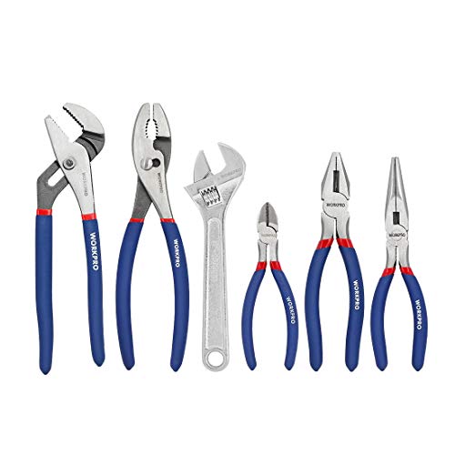 WORKPRO Large Pliers & Wrench Set 6-Piece (10" Water Pump Pliers, 10" Slip Joint Pliers, 8" Long Nose Pliers, 8" Linesman Pliers, 6" Diagonal Pliers, 8" Adjustable Wrench) for DIY & Home Use, W001329A