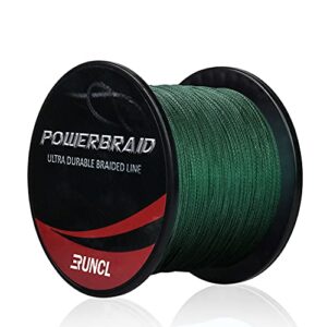 runcl powerbraid braided fishing line, ultra durable braided line 8 strands - seamless weaving tech, enhanced coating tech, round profile, zero stretch (moss green, 300yds, 100lb(45.4kgs))