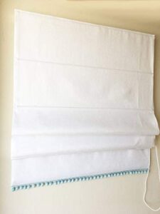 loganova flat faux linen roman shade. white with baby blue pom pom trim and chain mechanism - custom shade