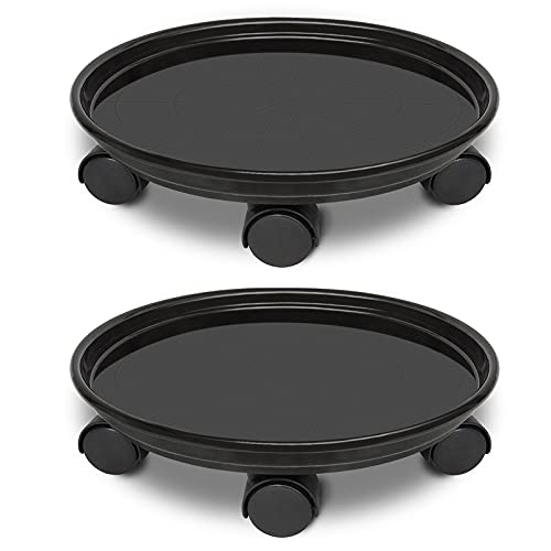 JzNova 2 Pack of 14 inch Plant Pallet Caddy with 5 Wheels, Round Flower Pot Mover, Indoor Rolling Planter Dolly on Wheels, Outdoor Planter Trolley Tray Coaster, Black