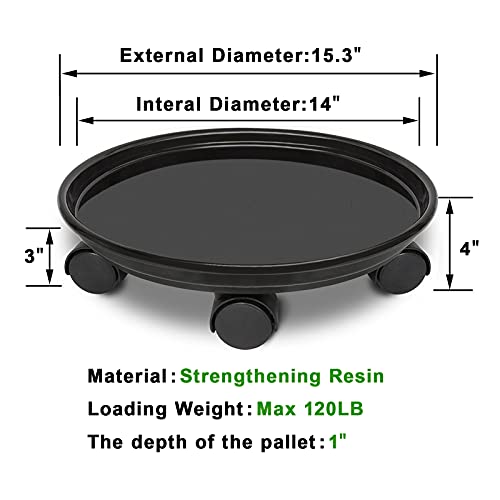 JzNova 2 Pack of 14 inch Plant Pallet Caddy with 5 Wheels, Round Flower Pot Mover, Indoor Rolling Planter Dolly on Wheels, Outdoor Planter Trolley Tray Coaster, Black