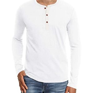 NITAGUT Mens Fashion Casual Front Placket Basic Long Sleeve Henley T-Shirts (L, White)