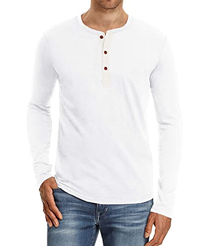 NITAGUT Mens Fashion Casual Front Placket Basic Long Sleeve Henley T-Shirts (L, White)