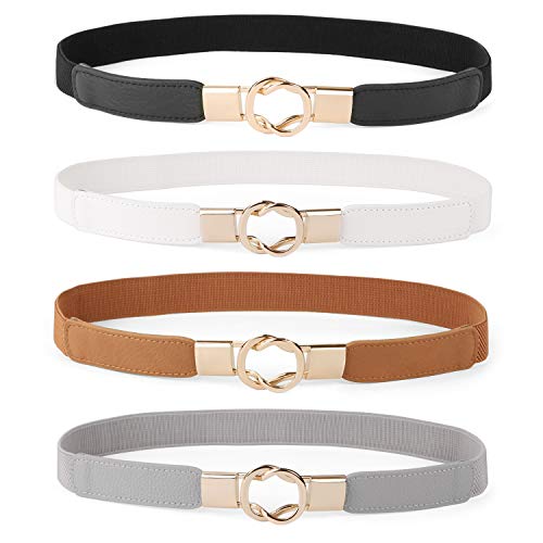 WERFORU Women Skinny Belt for Dresses Retro Stretch Ladies Waist Belt Plus Size Set of 4 (Fits Waist 30"-42", a-black+brown+white+gray)