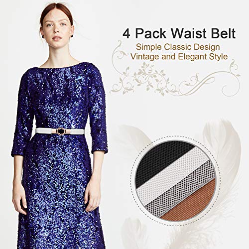 WERFORU Women Skinny Belt for Dresses Retro Stretch Ladies Waist Belt Plus Size Set of 4 (Fits Waist 30"-42", a-black+brown+white+gray)