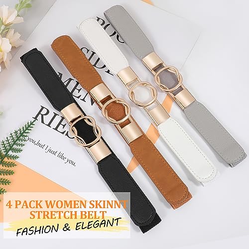 WERFORU Women Skinny Belt for Dresses Retro Stretch Ladies Waist Belt Plus Size Set of 4 (Fits Waist 30"-42", a-black+brown+white+gray)