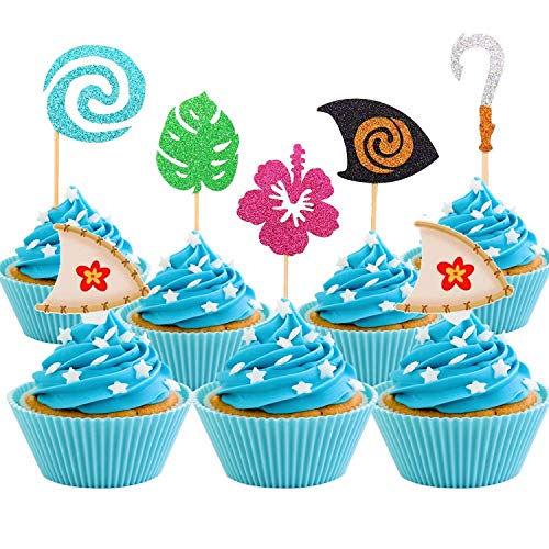 30 Pcs JeVenis Glittery Moana Inspired Cupcake Toppers Moana Cake Toppers Hawaiian Birthday Party Decoration for Tropical Luau Summer Party Baby Shower Wedding