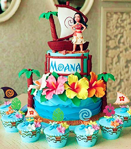 30 Pcs JeVenis Glittery Moana Inspired Cupcake Toppers Moana Cake Toppers Hawaiian Birthday Party Decoration for Tropical Luau Summer Party Baby Shower Wedding