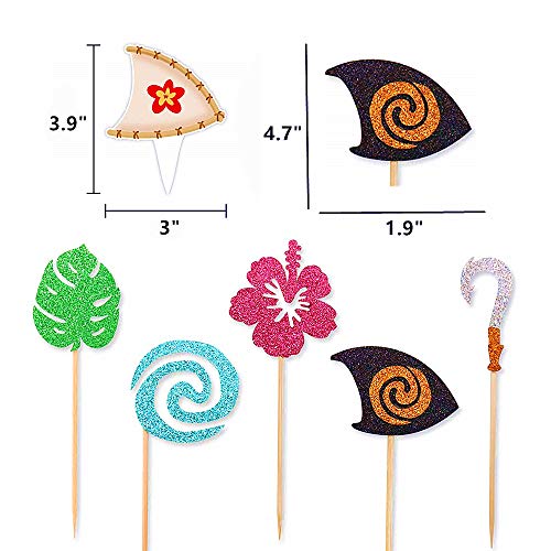 30 Pcs JeVenis Glittery Moana Inspired Cupcake Toppers Moana Cake Toppers Hawaiian Birthday Party Decoration for Tropical Luau Summer Party Baby Shower Wedding