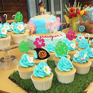 30 Pcs JeVenis Glittery Moana Inspired Cupcake Toppers Moana Cake Toppers Hawaiian Birthday Party Decoration for Tropical Luau Summer Party Baby Shower Wedding