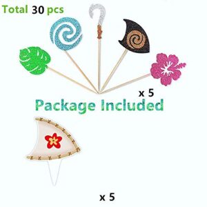 30 Pcs JeVenis Glittery Moana Inspired Cupcake Toppers Moana Cake Toppers Hawaiian Birthday Party Decoration for Tropical Luau Summer Party Baby Shower Wedding