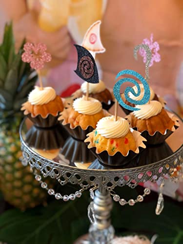 30 Pcs JeVenis Glittery Moana Inspired Cupcake Toppers Moana Cake Toppers Hawaiian Birthday Party Decoration for Tropical Luau Summer Party Baby Shower Wedding