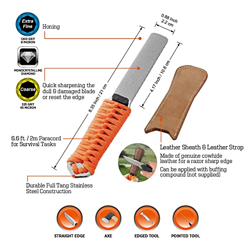 SHARPAL 181N Dual-Grit Diamond Sharpening Stone File Coarse 325 / Extra Fine 1200 Grit with Leather Strop Garden Tool Blade Sharpener for Knife, Axe, Lawn Mower Blade, Shears, Chisels, Drills