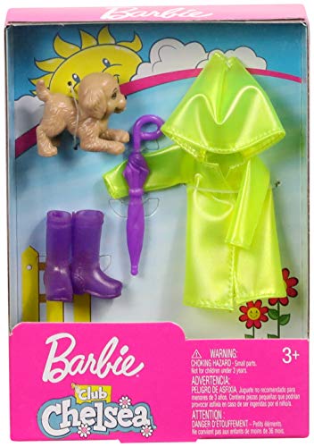 Barbie Club Chelsea Accessory Pack, Rainy Day-Themed Clothing and Accessories for Small Dolls, 4 Pieces for 3 to 7 Year Olds Include Raincoat, Umbrella and Puppy