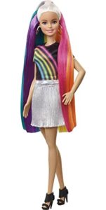 barbie doll, rainbow sparkle hair with extra long 7.5-inch blonde rainbow hair, sparkle gel & comb with styling accessories