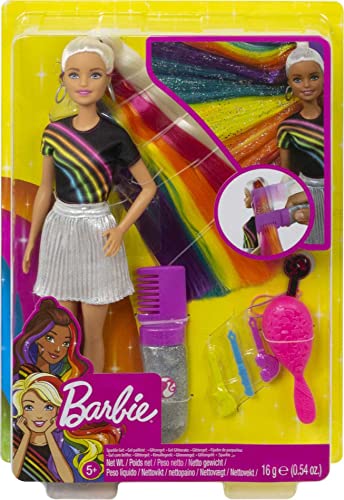 Barbie Doll, Rainbow Sparkle Hair with Extra Long 7.5-Inch Blonde Rainbow Hair, Sparkle Gel & Comb with Styling Accessories