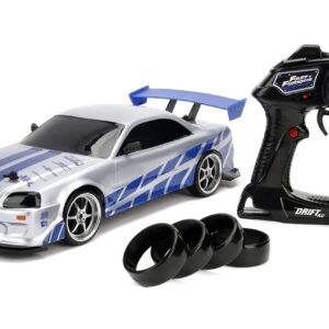 Jada Toys Fast & Furious Brian's Nissan Skyline GT-R (BN34) Drift Power Slide RC Radio Remote Control Toy Race Car with Extra Tires, 1:10 Scale, Silver/Blue (99701)