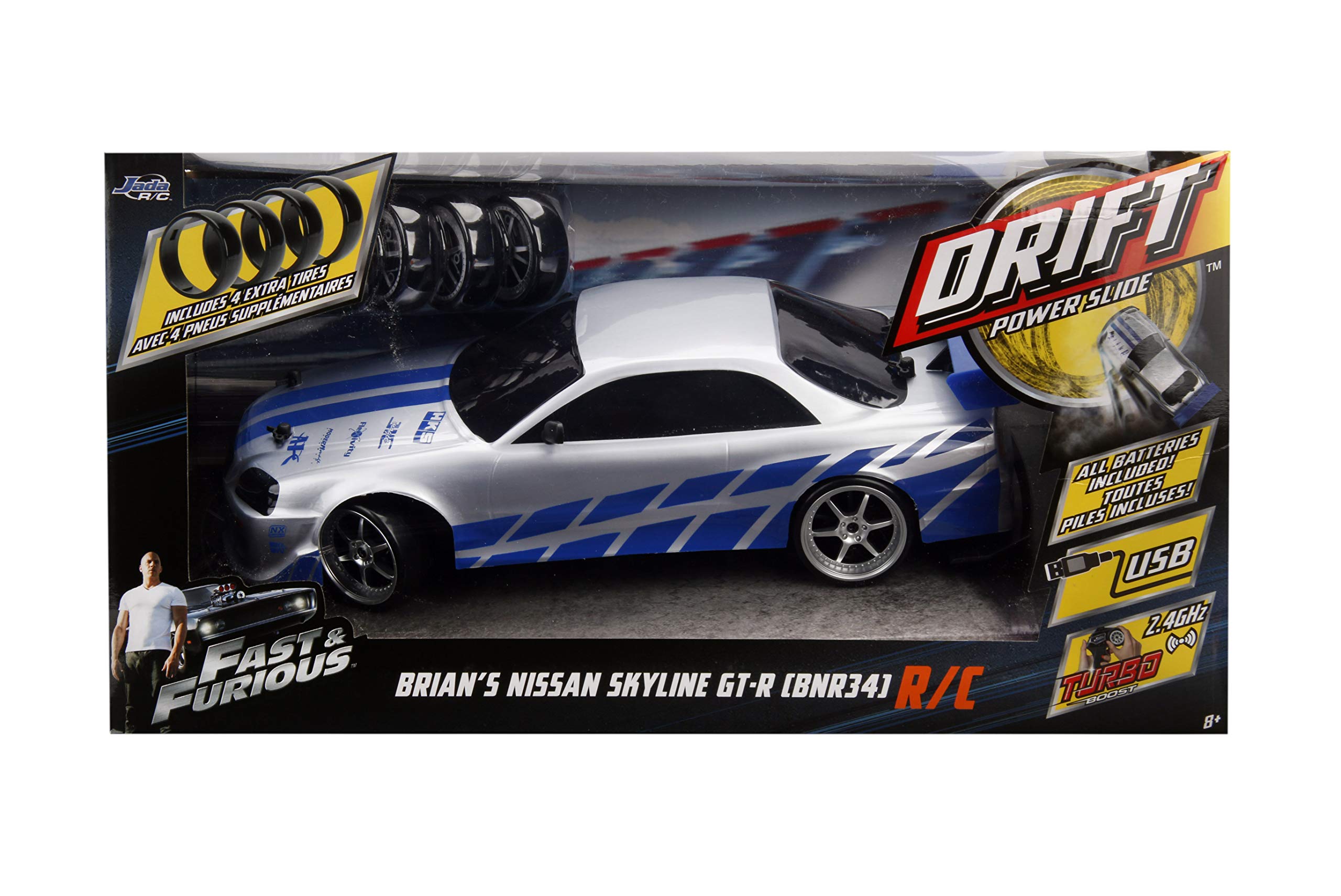 Jada Toys Fast & Furious Brian's Nissan Skyline GT-R (BN34) Drift Power Slide RC Radio Remote Control Toy Race Car with Extra Tires, 1:10 Scale, Silver/Blue (99701)