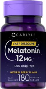 carlyle melatonin 12 mg fast dissolve 180 tablets | drug free | natural berry flavor | vegetarian, non-gmo, gluten free