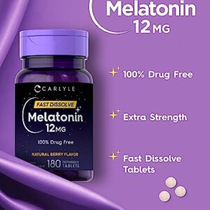 Carlyle Melatonin 12 mg Fast Dissolve 180 Tablets | Drug Free | Natural Berry Flavor | Vegetarian, Non-GMO, Gluten Free