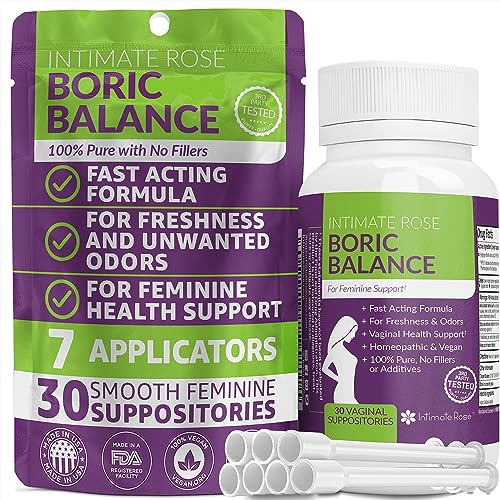 Intimate Rose Boric Acid Suppositories - Manages Odor - Promote pH Balance for Women Vaginal Health - 30-Count Medical Grade Boric Acid (600mg) + 7 Applicators