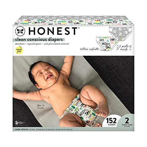 The Honest Company Clean Conscious Diapers | Plant-Based, Sustainable | Pandas + Barnyard Babies | Super Club Box, Size 2 (12-18 lbs), 152 Count