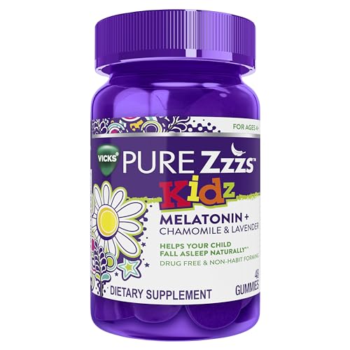 VICKS PURE Zzzs Kidz, Melatonin Sleep Aid Gummies for Kids and Children, Helps Your Child Fall Asleep Naturally, Low Dose Melatonin, Berry Flavored, 48 Gummies