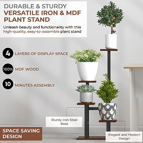 BEX Metal Plant Stand Indoor & Outdoor Plant Stand - Four Tier Metal Plant Stand For four Planters, Tall Tired Planter Holder for Garden Balcony Living Room Office & Patio Decoration, Orchids & Flower Pot Organizer Stand