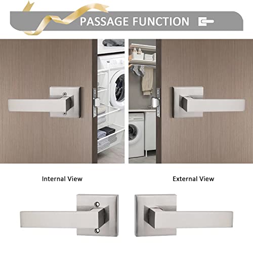 Probrico 6 Pack Square Door Lever Door Lock Handle Lockset Keyless Doorknobs Passage Knobs Lockset Interior Hallway Passage Closet in Satin Nickel