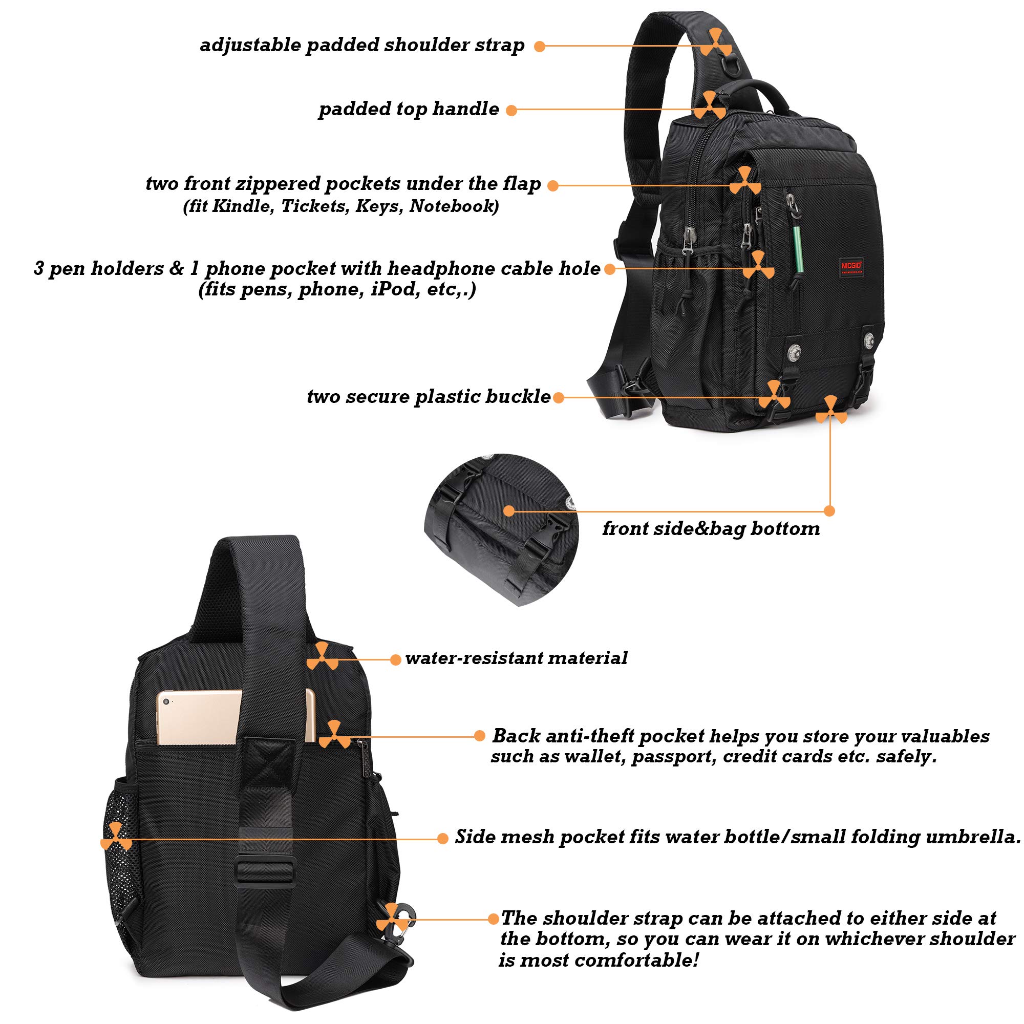 NICGID Sling Bags Chest Shoulder Backpacks, 13.3'' Laptop Backpack Crossbody Messenger Bag Travel Outdoor Men Women