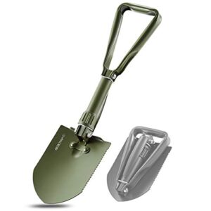 redcamp military folding camping shovel，high carbon steel entrenching tool tri-fold handle shovel with cover，green 2.5lbs