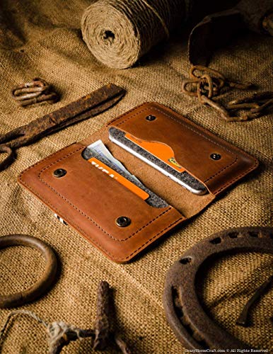 Leather Wallet for iPhone 14 Pro / 14 Plus, 14/13 / 12 Pro Max, 13/12 Mini, sleeve for two phones, Classic Brown, handmade phone cover SE, 12,11 Pro Max/Xr/Xs/8,7,6s, Wool felt, Crazy Horse Craft