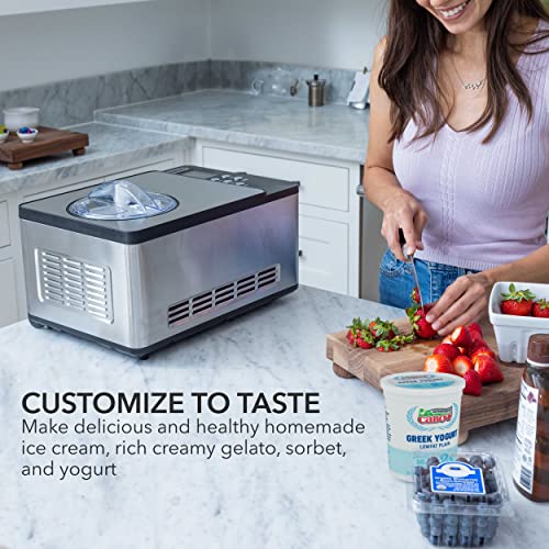 Whynter ICM-220SSY Automatic 2 Quart Capacity Stainless Steel Bowl & Yogurt Function, Built-in Compressor, no pre-freezing, LCD Digital Display, Timer, Stainless Steel-Ice Cream + Yogurt Maker