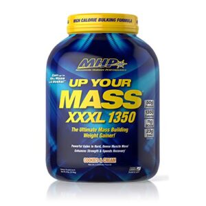 maximum human performance mhp uym xxxl 1350 mass building weight gainer, muscle mass gains, w/50g protein, high calories, 11g bcaas, leucine, cookies & cream, 8 servings, 6lb