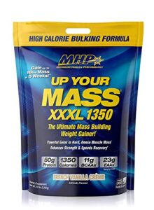 maximum human performance mhp uym xxxl 1350 mass building weight gainer, muscle mass gains, w/50g protein, high calories, 11g bcaas, leucine, french vanilla creme, 16 servings