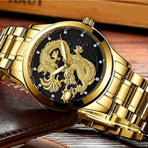 Udaney Mens Golden Dragon Watches Quartz Business Wristwatch Stainless Steel Strap Gifts for Father Husband