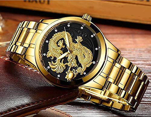 Udaney Mens Golden Dragon Watches Quartz Business Wristwatch Stainless Steel Strap Gifts for Father Husband