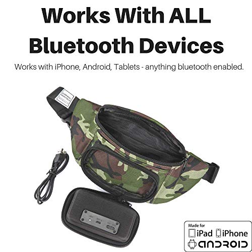 Fannypack with Speakers. Bluetooth Fanny Pack for Parties/Festivals/Raves/Beach/Boats. Rechargeable, Works with iPhone & Android. (Camo, 2023 Edition)