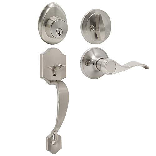 Probrico Single Cylinder Handleset leverset Lockset Adjustable Backset with Keyed Deadbolt Door Locks Satin Nickel, Exterior Entry Door Locks Hardware, Single Cylinder Deadbolt Handle Set Satin Nickel