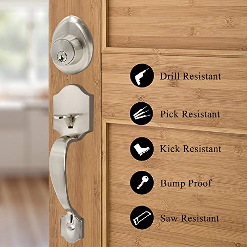 Probrico Single Cylinder Handleset leverset Lockset Adjustable Backset with Keyed Deadbolt Door Locks Satin Nickel, Exterior Entry Door Locks Hardware, Single Cylinder Deadbolt Handle Set Satin Nickel