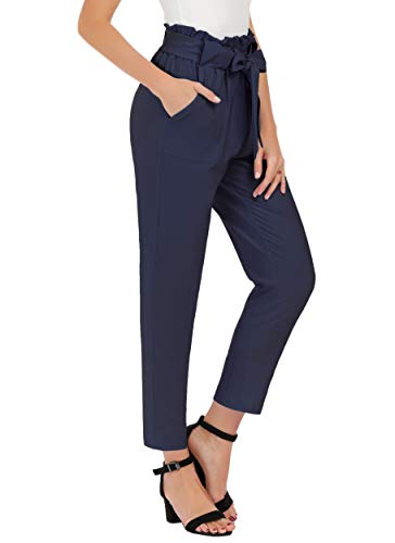 GRACE KARIN Women's Pants Trouser Slim Casual Cropped Paper Bag Waist Pants Navy Blue M