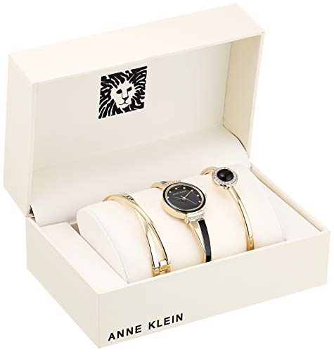 Anne Klein Women's AK/3292BKST Premium Crystal Accented Gold-Tone and Black Watch and Bangle Set