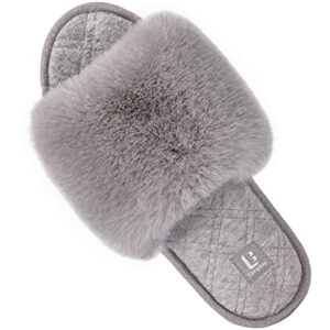 longbay women's fuzzy faux fur memory foam cozy flat spa slide slippers comfy open toe slip on house shoes sandals (medium / 7-8, gray)