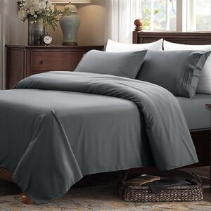 shilucheng king size bed sheets set microfiber polyester 1800 thread count percale super soft and comforterble 16 inch deep pockets - 4 piece (king, dark grey)