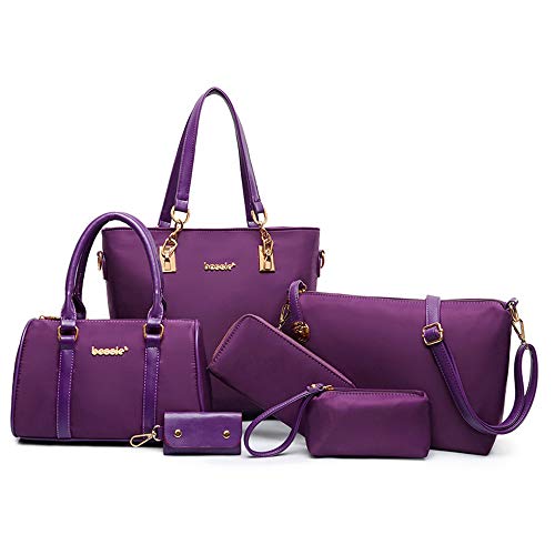 AlwaySky Nylon Women's Shoulder Bag 6 PCS Top-Handle Handbag Tote Purse Wallet Key Case Set (Purple)