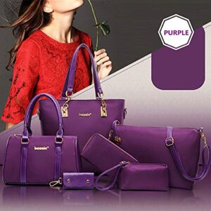 AlwaySky Nylon Women's Shoulder Bag 6 PCS Top-Handle Handbag Tote Purse Wallet Key Case Set (Purple)