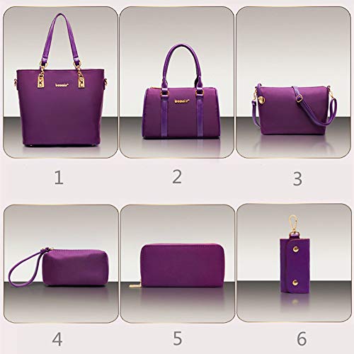 AlwaySky Nylon Women's Shoulder Bag 6 PCS Top-Handle Handbag Tote Purse Wallet Key Case Set (Purple)