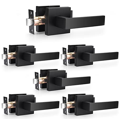 Probrico Matte Black Passage Door Levers Square Hall Closet Handles, Heavy Duty Interior Non-Locking Lever Sets, Reversible for Right & Left Side, 6 Pack